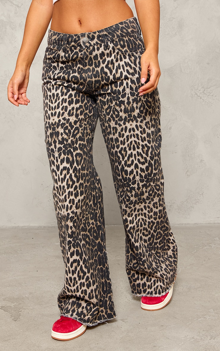 Petite Brown Leopard Print Denim Wide Leg Jeans | Petite | PLT