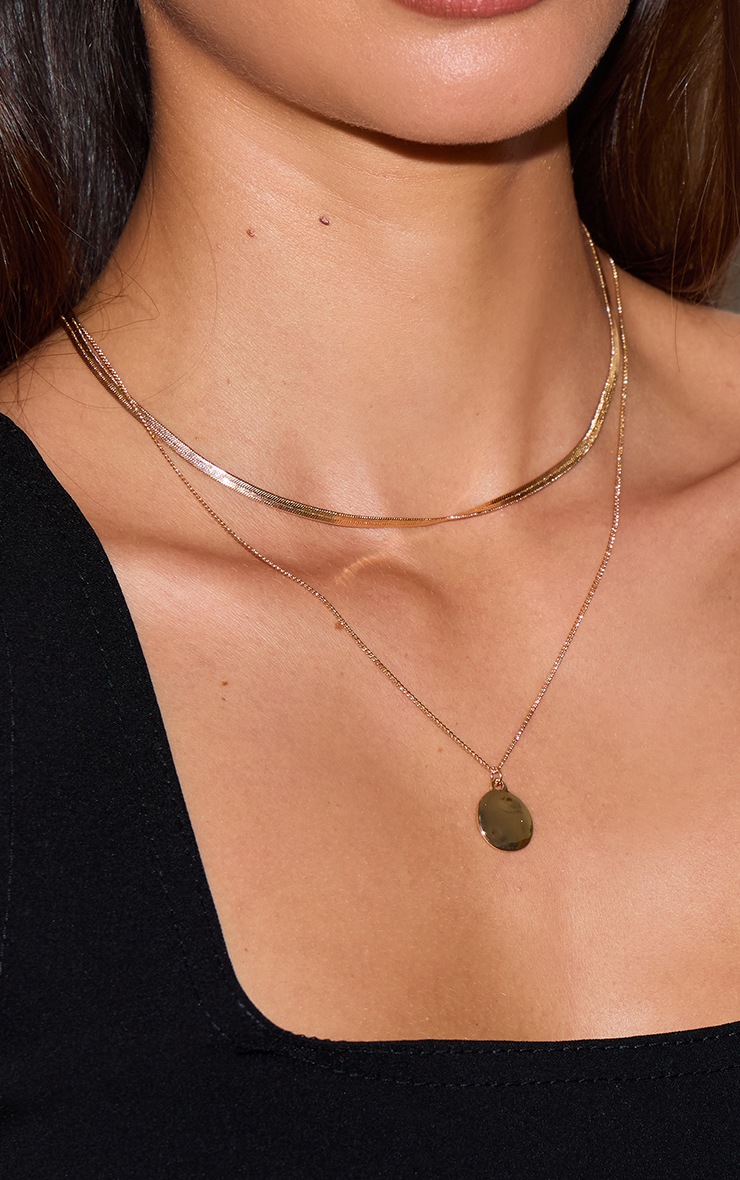 Gold Circle Pendant Layered Snake Chain Necklace | Accessories ...