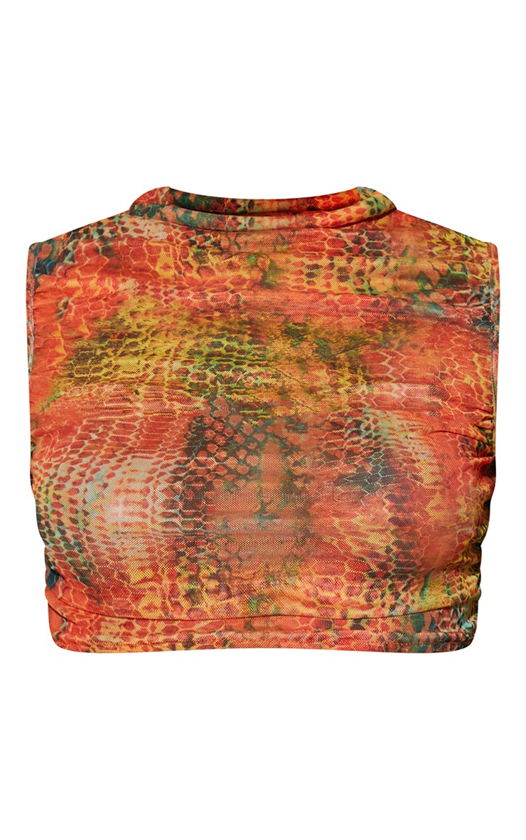 Orange Abstract Snake Mesh High Neck Crop Top | Tops | PLT