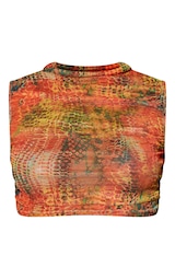 Orange Abstract Snake Mesh High Neck Crop Top | PrettyLittleThing