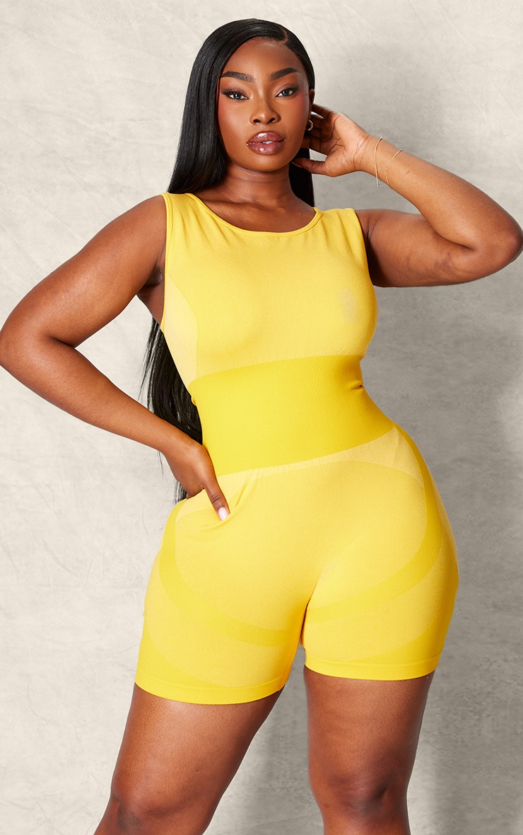 PLT Plus Mustard Open Back Jacquard Unitard | Athleisure | PrettyLittleThing USA