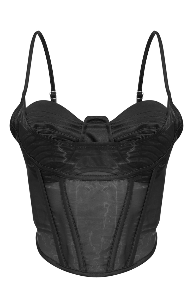 Black Satin Sheer Panel Corset | Tops | PLT