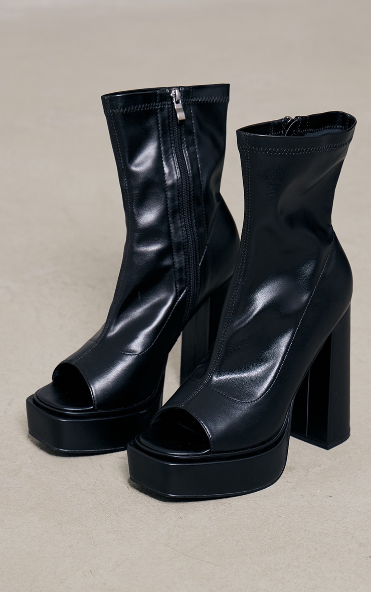 Black Square Open Toe Platform Block Heel Sock Boots | Footwear | PLT