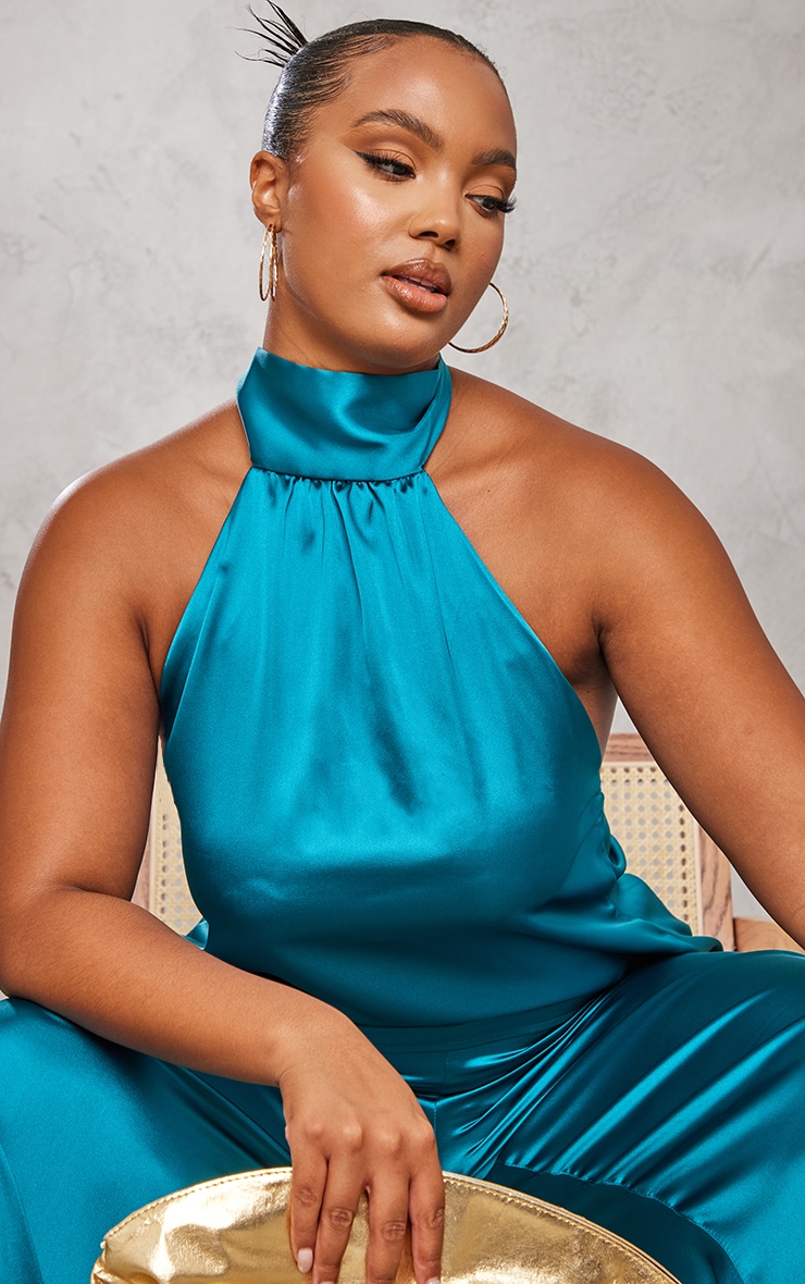 Plus Teal Halterneck Satin High Neck Top | Plus Size | PLT IRE
