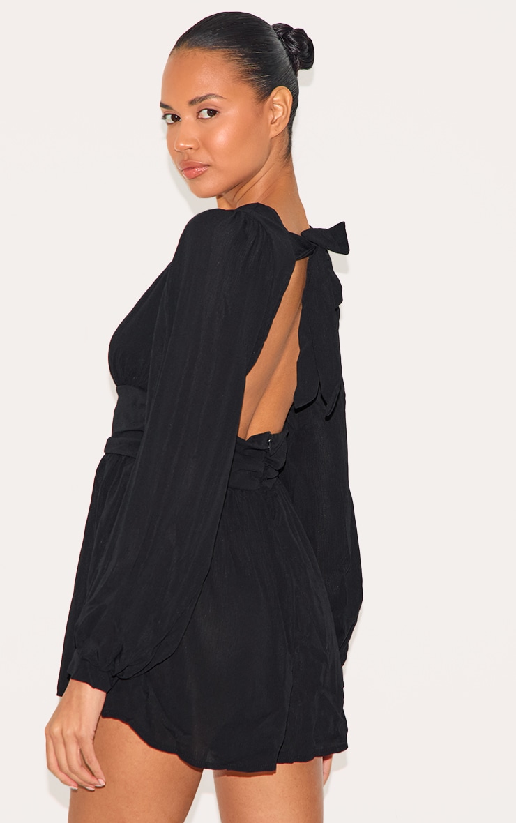 Black Textured Plunge Long Sleeve Tie Back Romper | Jumpsuits & Rompers ...