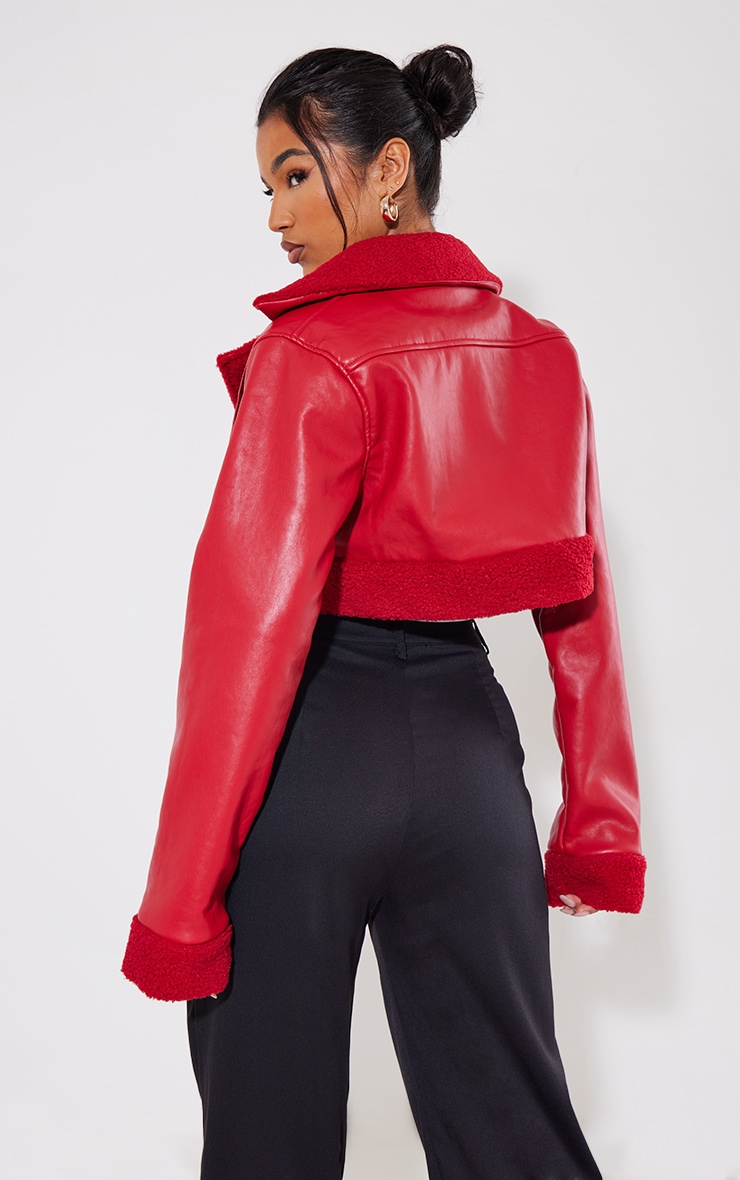 Red Borg Lined Faux Leather Cropped Aviator | Outerwear ...