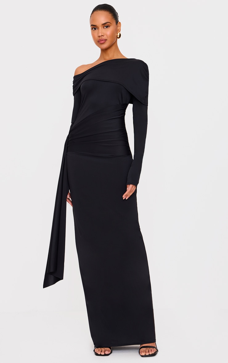 Robe Longue En Sculpt Mat Noir Froncée À Col Replié Et Détail Drapé ...