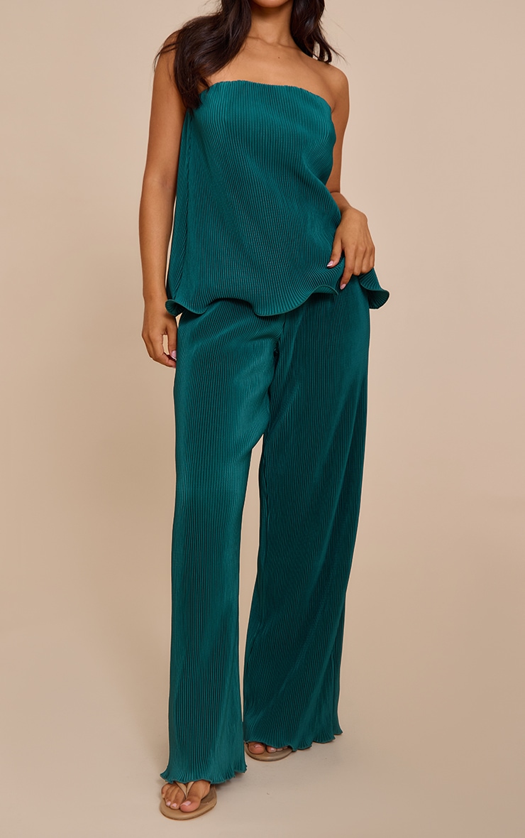 Petite Teal Plisse Frill Edge Wide Leg Trousers | Petite | PLT