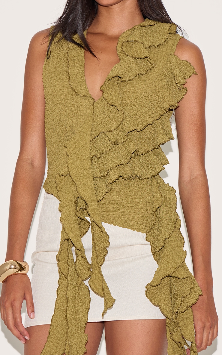 Olive Textured Ruffle Asymmetric Long Top | Tops | PLT