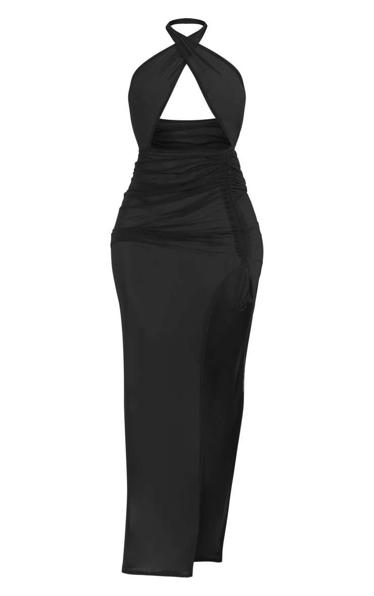 Black Mesh Sheer Ruched Cross Halter Midaxi Dress Prettylittlething Aus