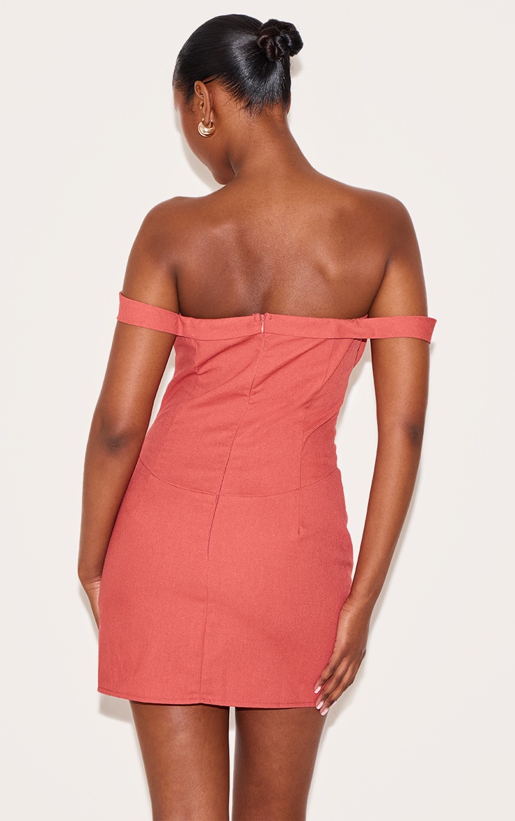 Burnt Orange Draped Bardot Corset Bodycon Dress | Dresses | PLT USA