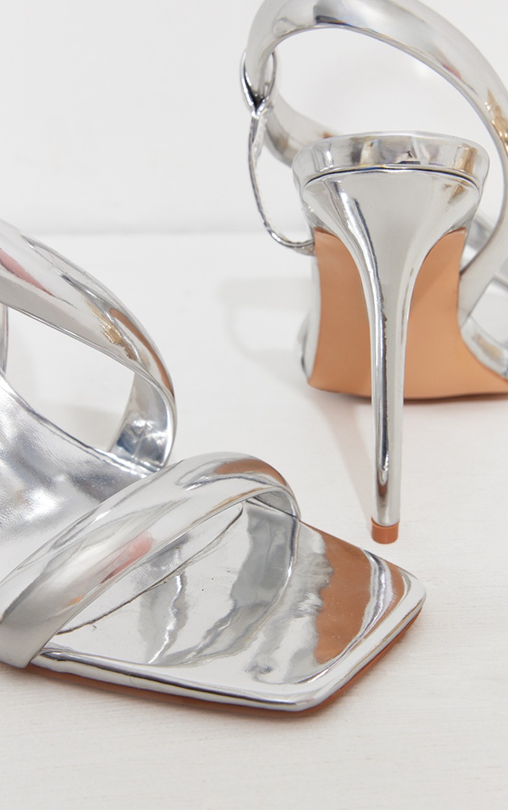 Silver Metallic Padded Asymmetric High Heel Sandals | Footwear | PLT