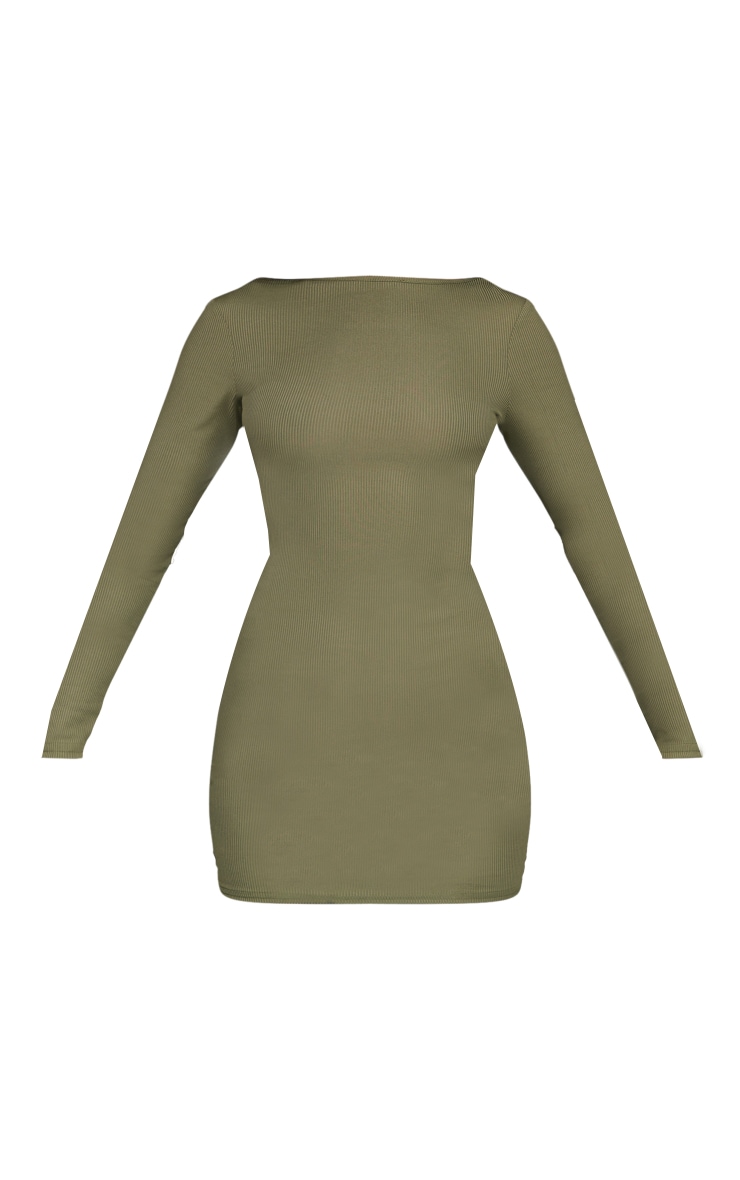Khaki Rib Long Sleeve Lace Up Back Bodycon Dress | PrettyLittleThing USA
