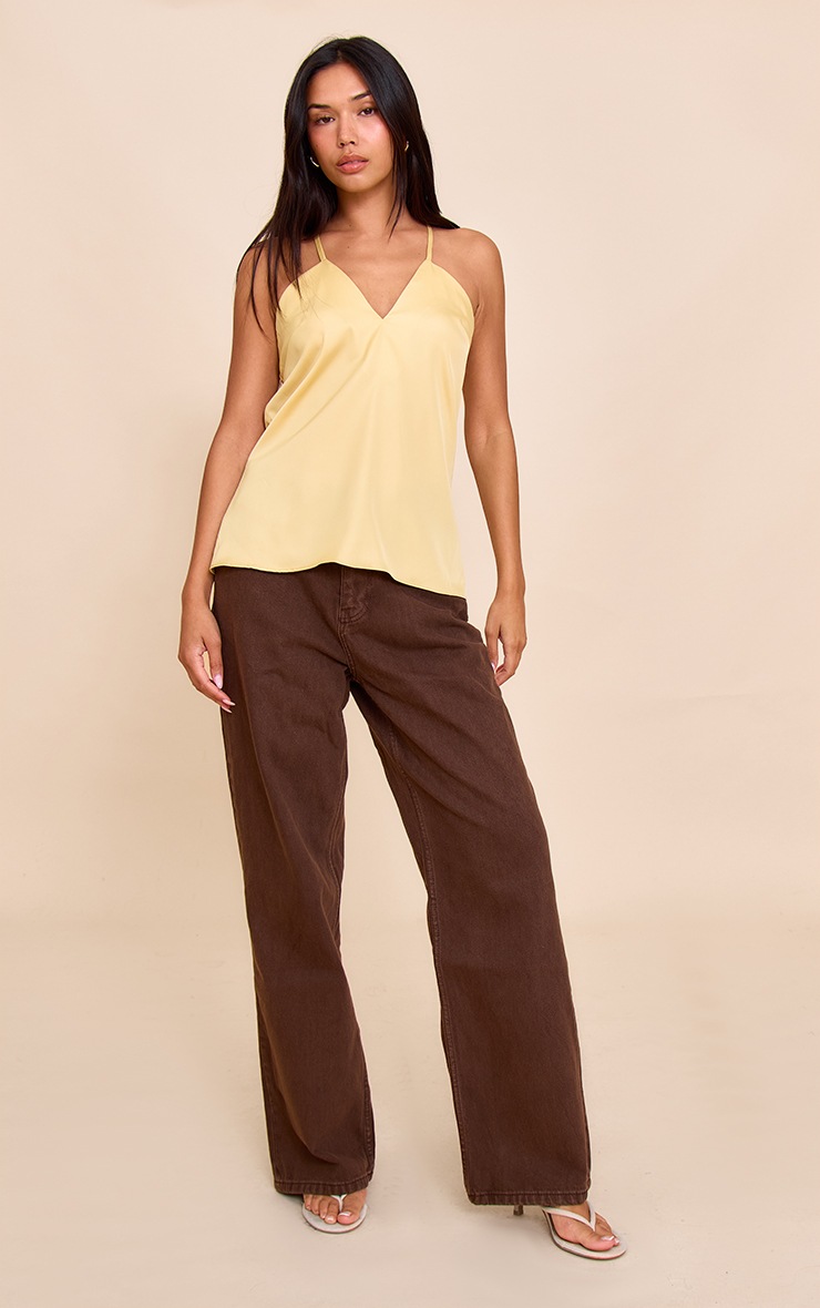 Yellow Matte Satin Strappy Detail Long Cami Top | Tops | PLT USA