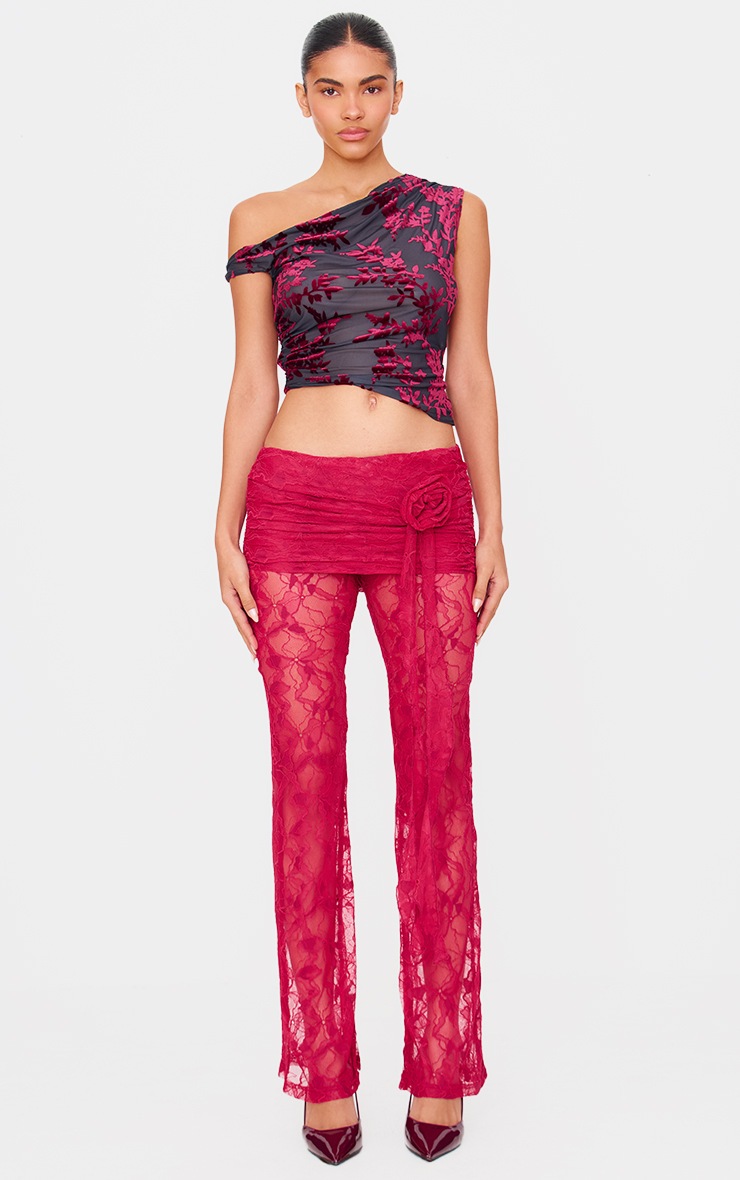 Burgundy Devore Floral Asymmetric Shoulder Long Top | Tops | PLT