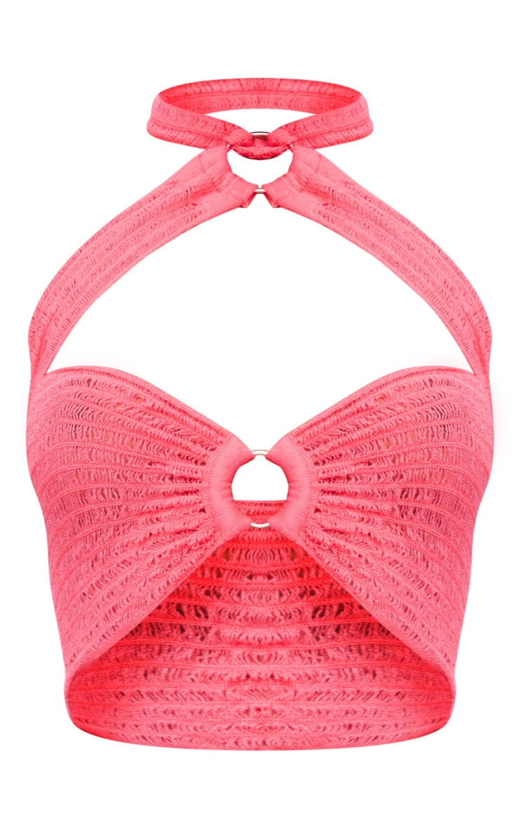 Hot Pink Laddering Knit Double Ring Halter Top | PrettyLittleThing UAE