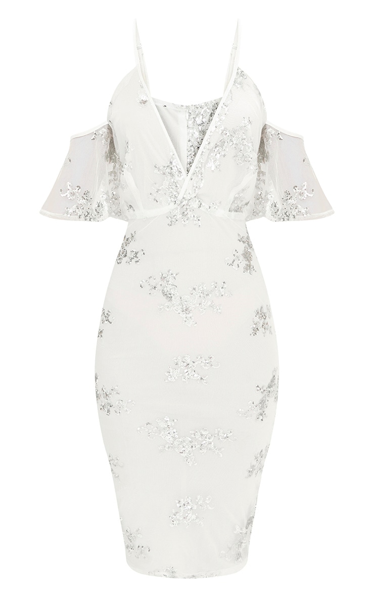 Silver Sequin Cold Shoulder Midi Dress | PrettyLittleThing USA