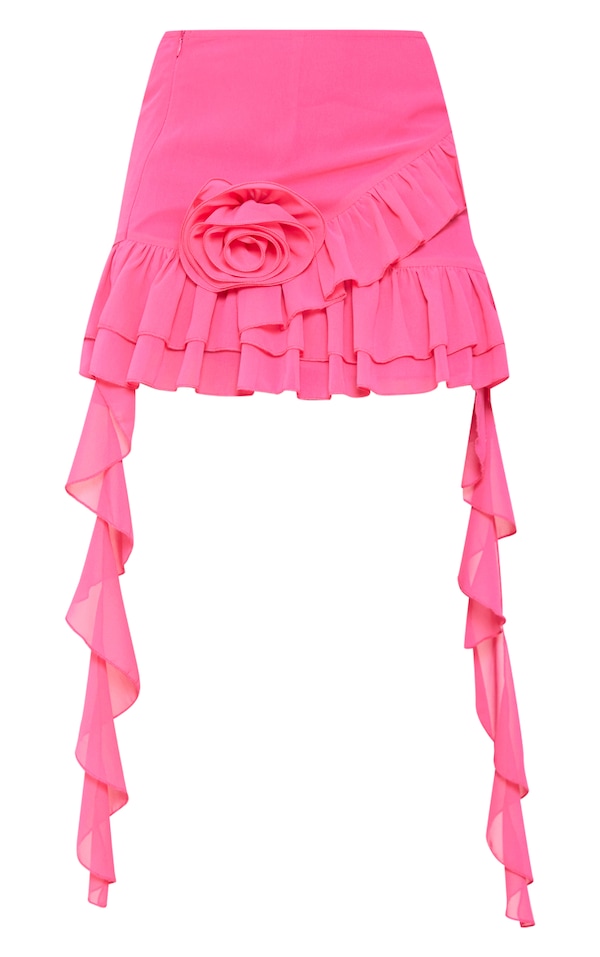 Hot Pink Chiffon Rose Trim Ruffle Hem Mini Skirt | Bottoms | PLT