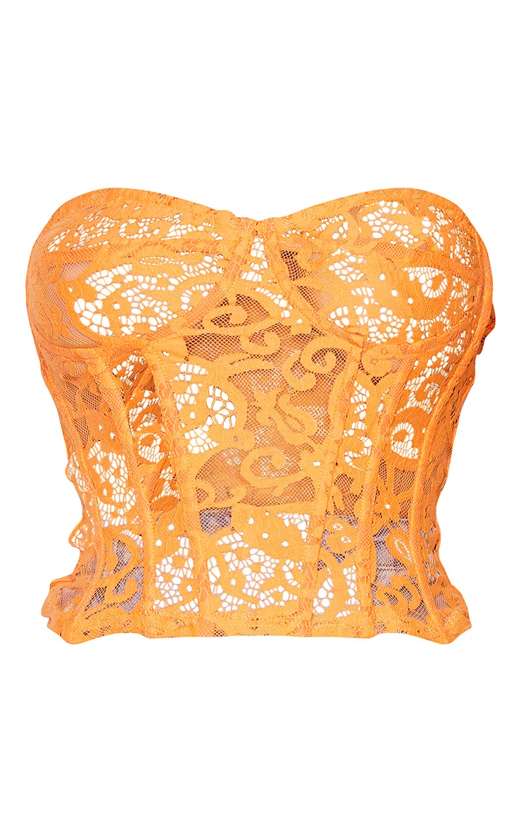 Hot Orange Sheer Lace Structured Corset Top | Tops | PLT