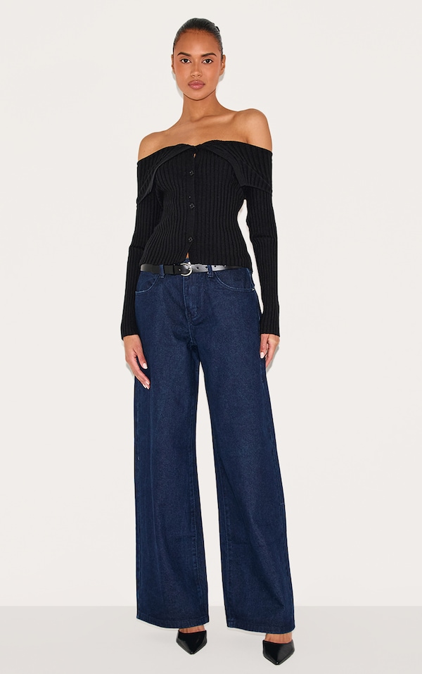 Black Rib Knit Fold Over Button Up Top | Knitwear | PLT