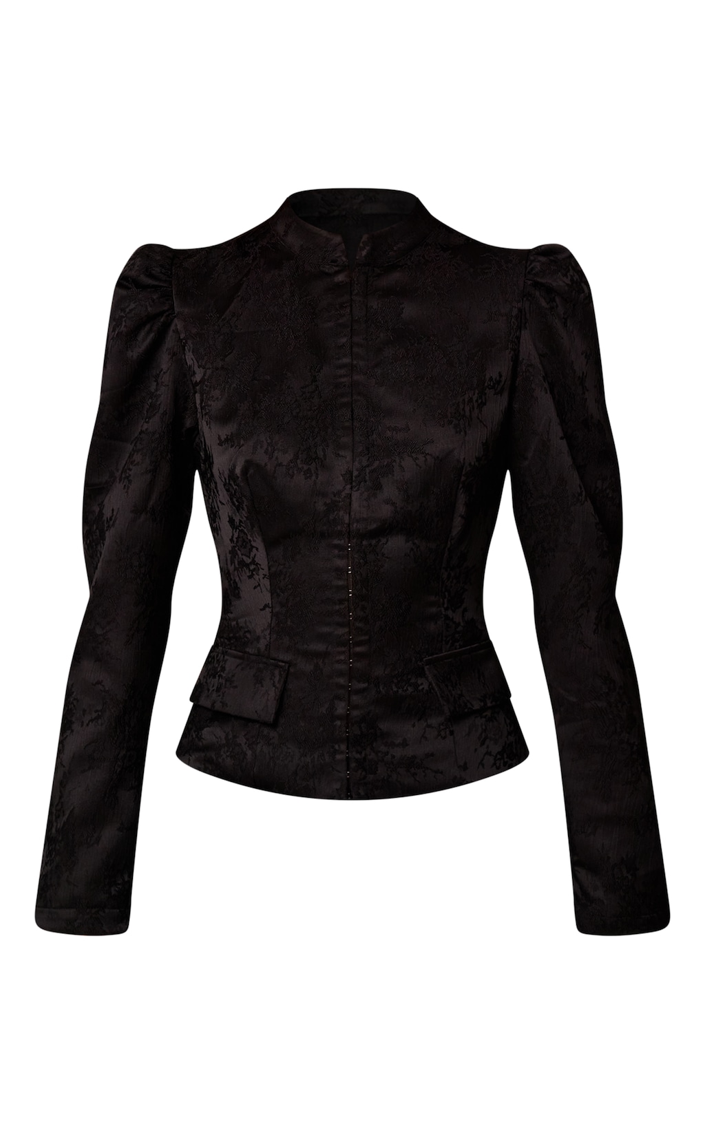 Black Lace High Neck Puff Sleeve Jacket | Outerwear | PLT