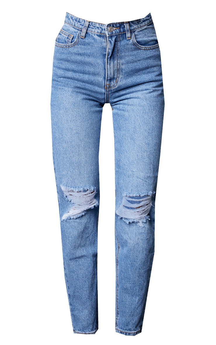 PRETTYLITTLETHING Mid Blue Knee Rip Mom Jeans | Denim ...