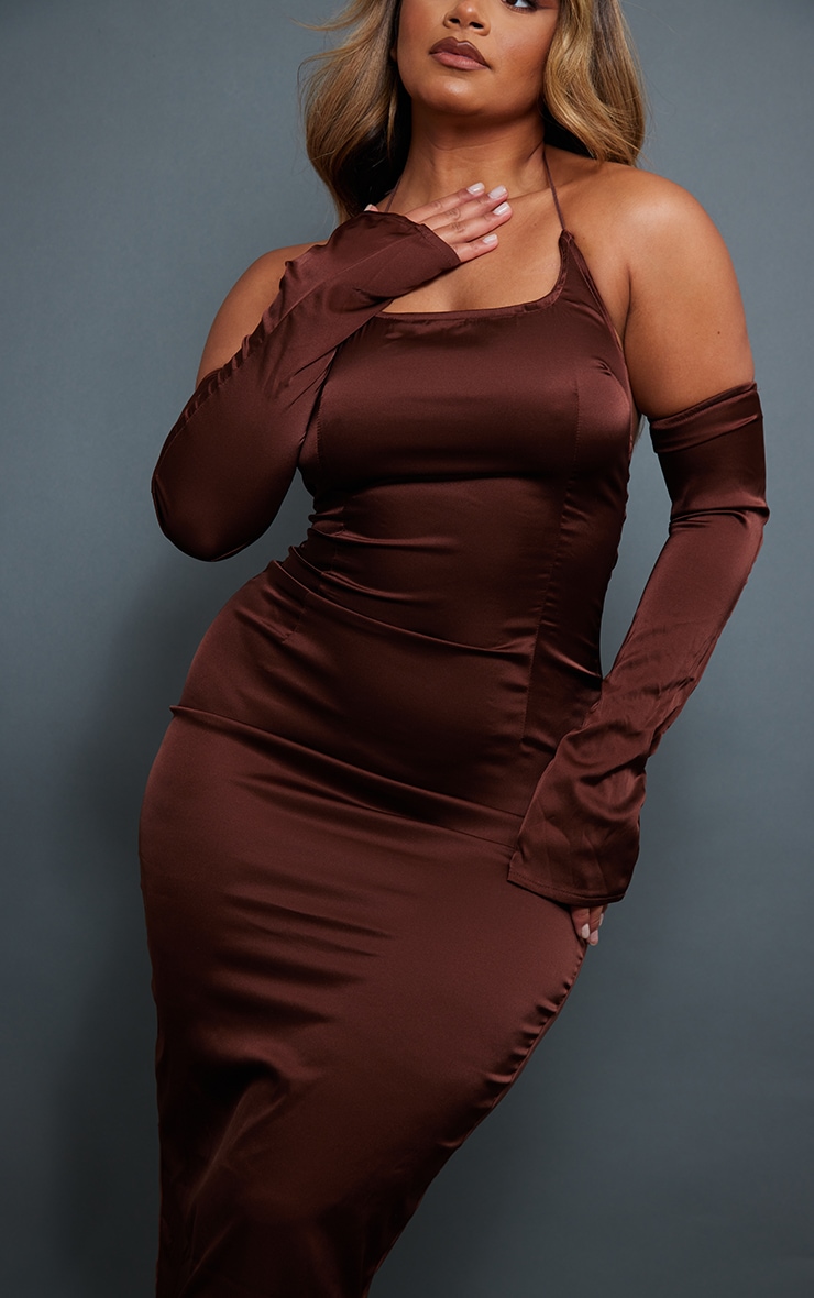 Shape Robe mi-longue marron chocolat satinée à col bardot dos nu ...