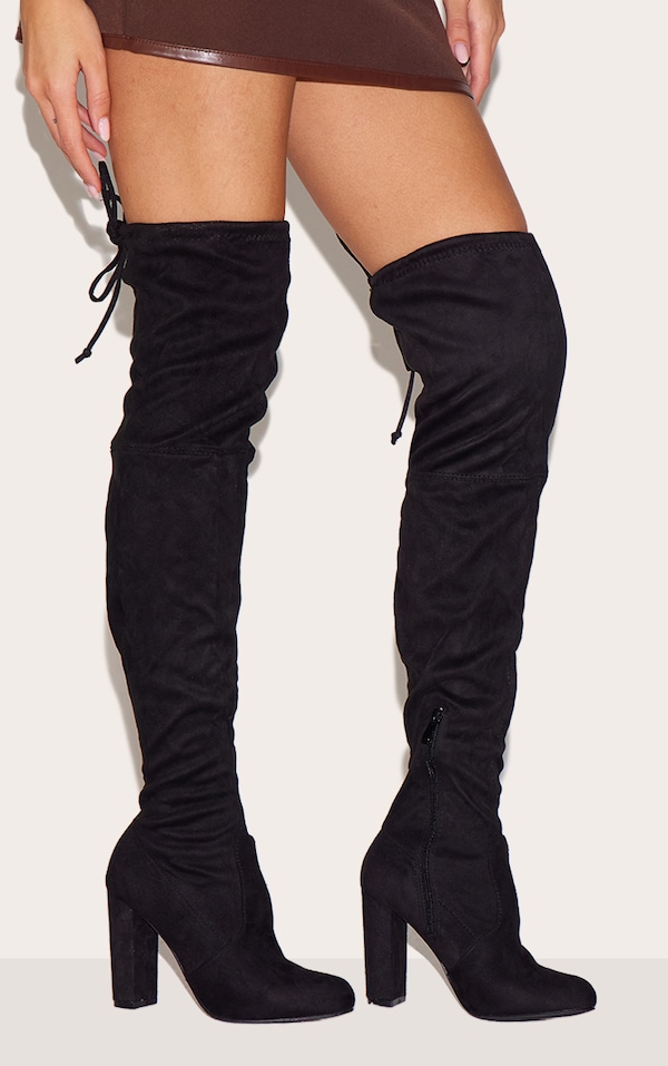 Bess Black Faux Suede Heel Thigh Boots | Footwear | PLT
