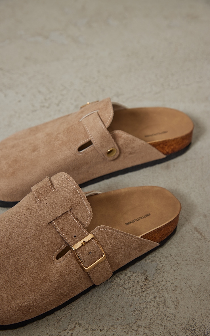 Beige Faux Suede Buckled Mule Cloggs | PrettyLittleThing