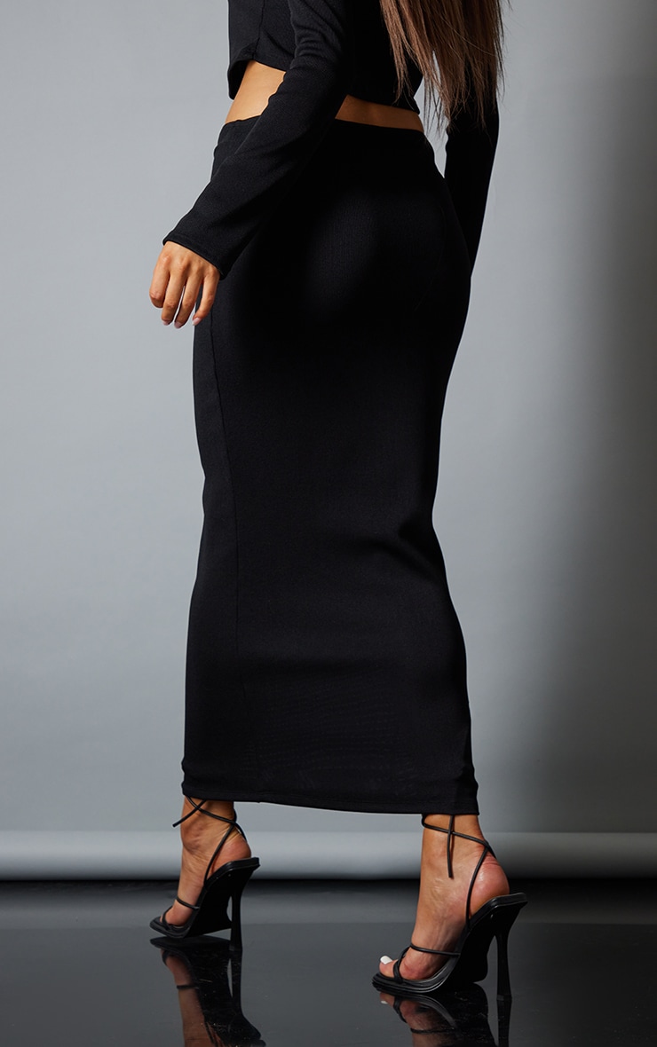 Black Structured Rib Low Rise Midaxi Skirt | Co-ords | PLT