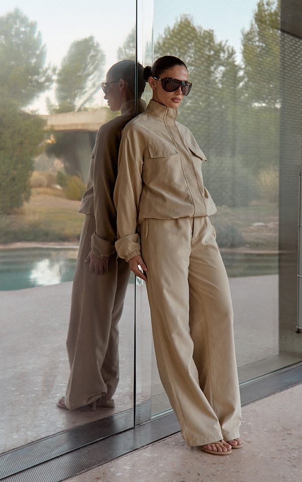 Sand Peach Skin Zip Up High Neck Jacket | Co-ords | PLT