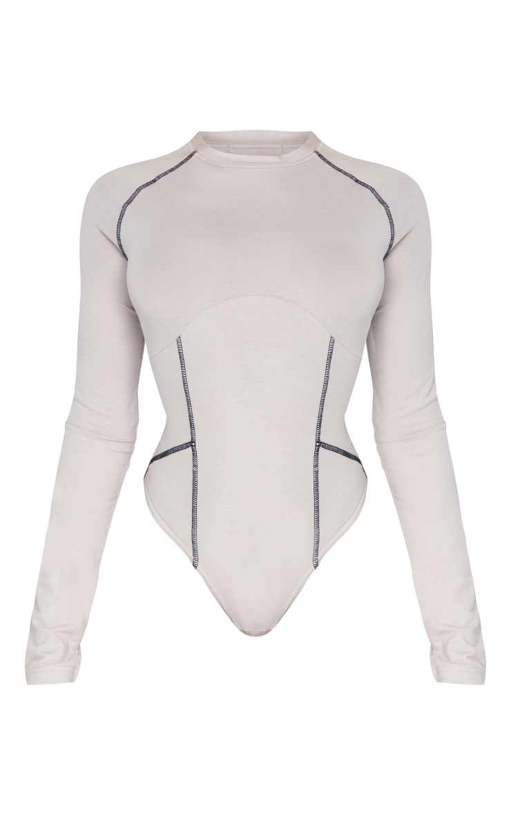 Ash Grey Contrast Stitch Long Sleeve Bodysuit | PrettyLittleThing AUS