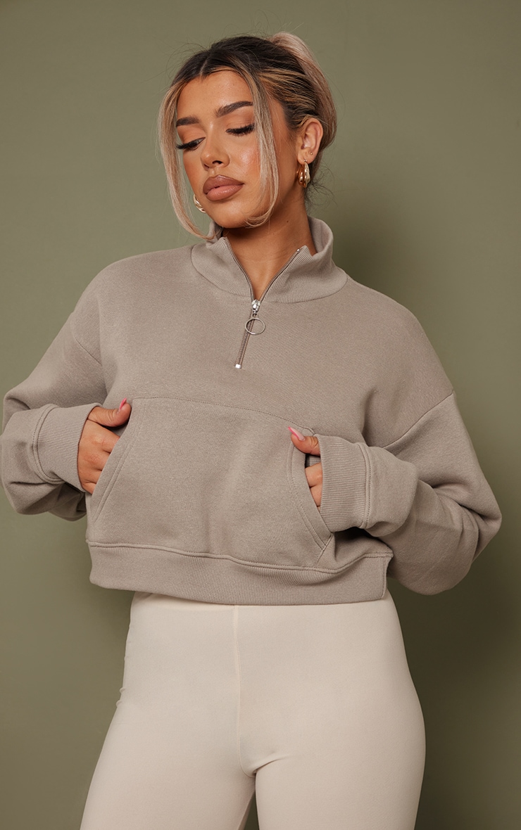 Moss Grey Half Zip High Neck Crop Sweat | Athleisure | PrettyLittleThing CA