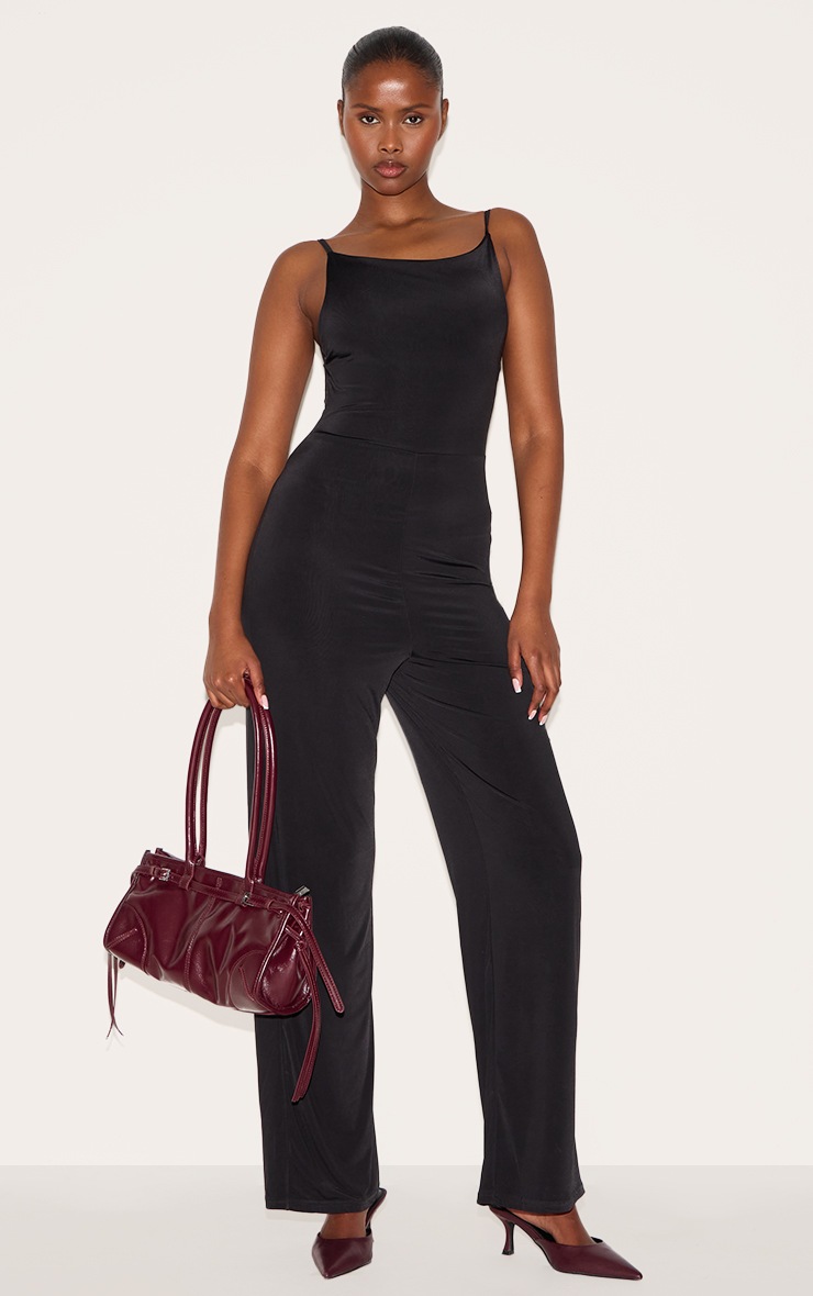 Black Double Layer Low Back Strappy Jumpsuit | Dresses | PLT