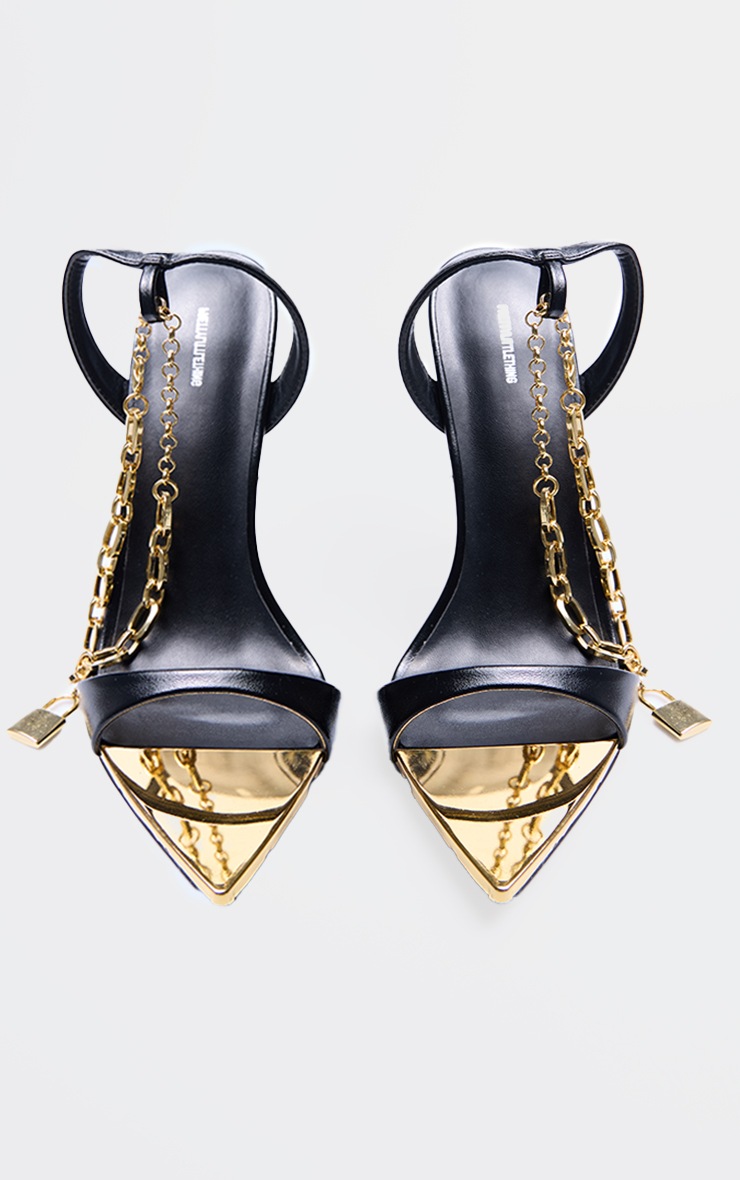 Black Pu Point Toe Chain Lock Strap Heeled Sandals | Footwear ...