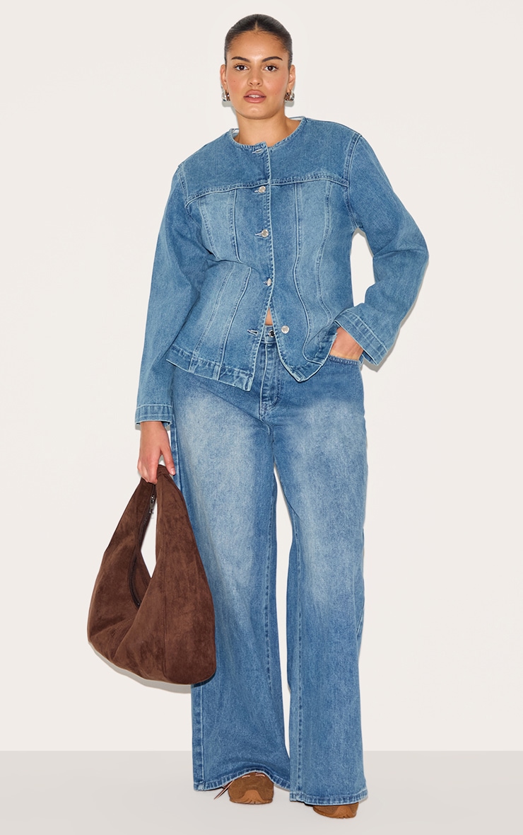 Plus Mid Blue Wash Wide Leg Jeans | Plus Size | PrettyLittleThing USA