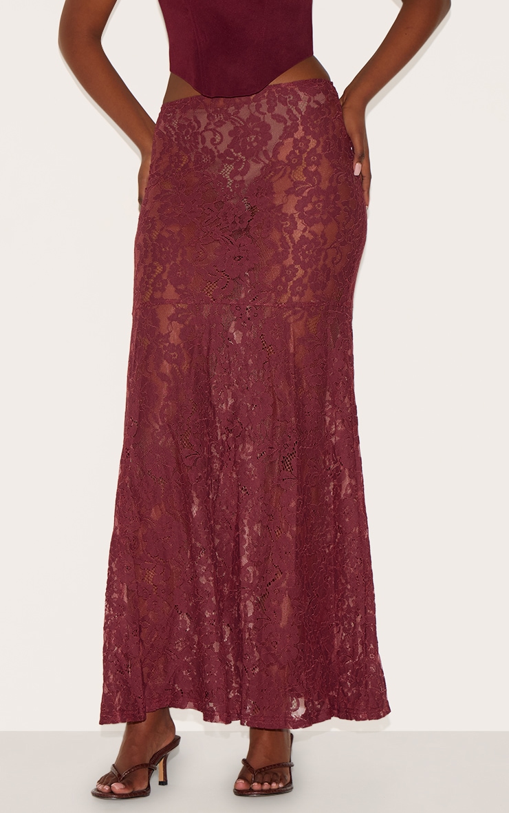 Plum Floral Lace Sheer Maxi Skirt | Bottoms | PLT