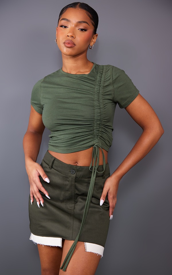 Khaki Asymmetric Ruched Drawstring T Shirt | Tops | PrettyLittleThing USA