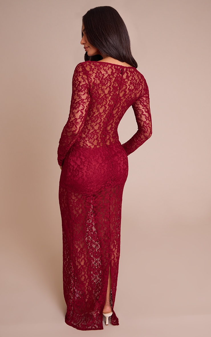 Petite Burgundy Sheer Lace Long Sleeve Maxi Dress | Petite | PLT