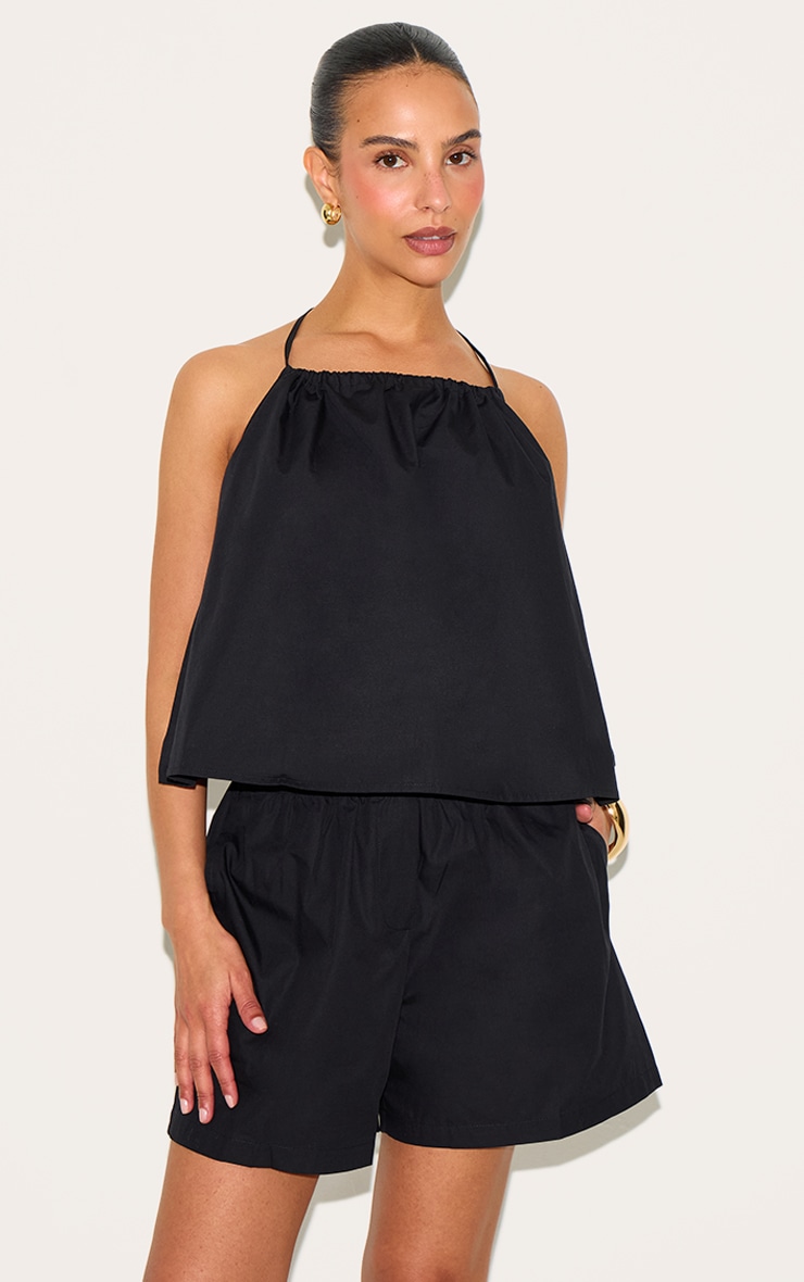 Petite Black Poplin Low Back Halterneck Top | Petite | PLT
