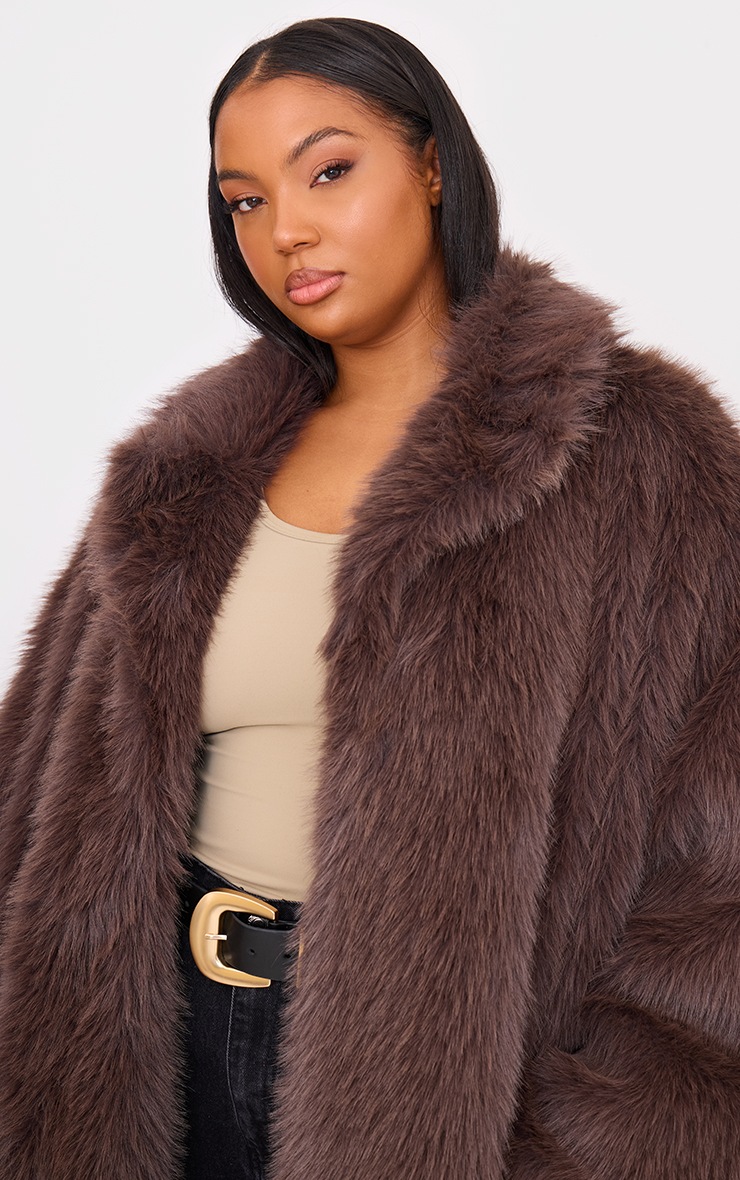 Plus Dark Brown Collar Soft Faux Fur Maxi Coat | Plus Size | PLT