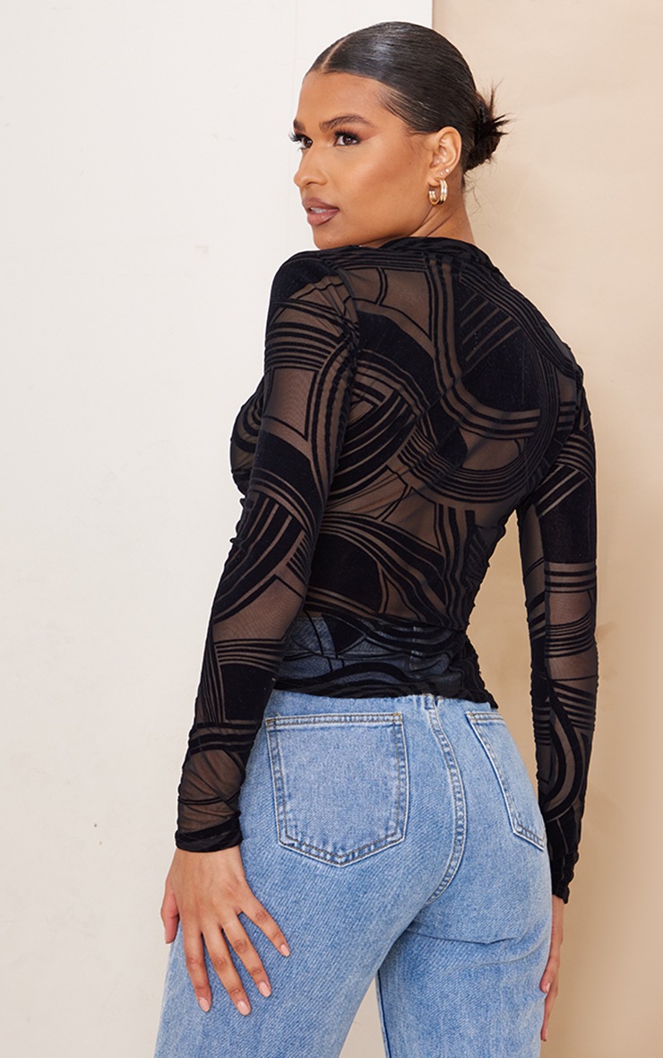 Black Mesh Flock Print Shirt | Tops | PrettyLittleThing