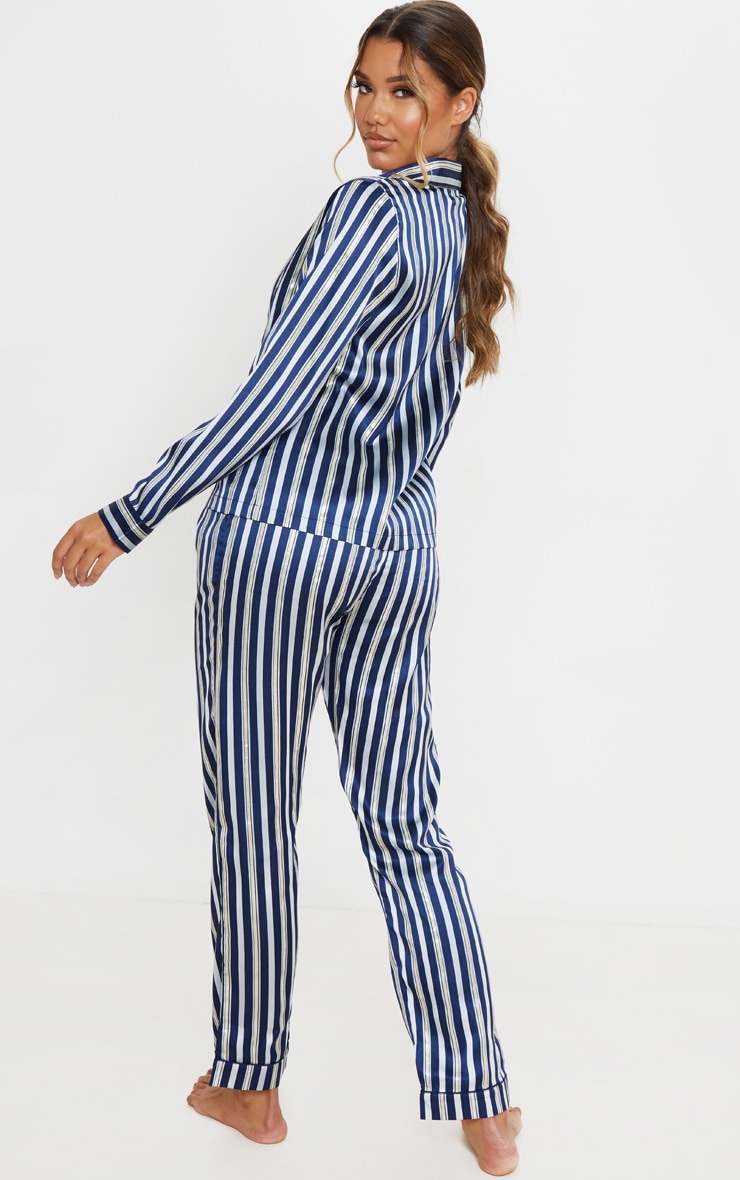 Navy Stripe Long Satin Pyjama Set | PrettyLittleThing