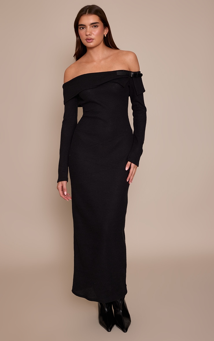 Black Textured Bardot Belt Detail Maxi Dress | Dresses ...