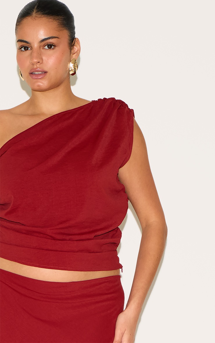 Plus Deep Red Floaty Woven Ruched One Shoulder Top | Plus Size | PLT