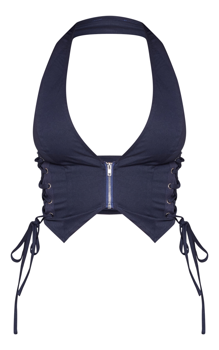 Dark Blue Cargo Lace Up Side Zip Up Crop Top | Tops | PLT QA