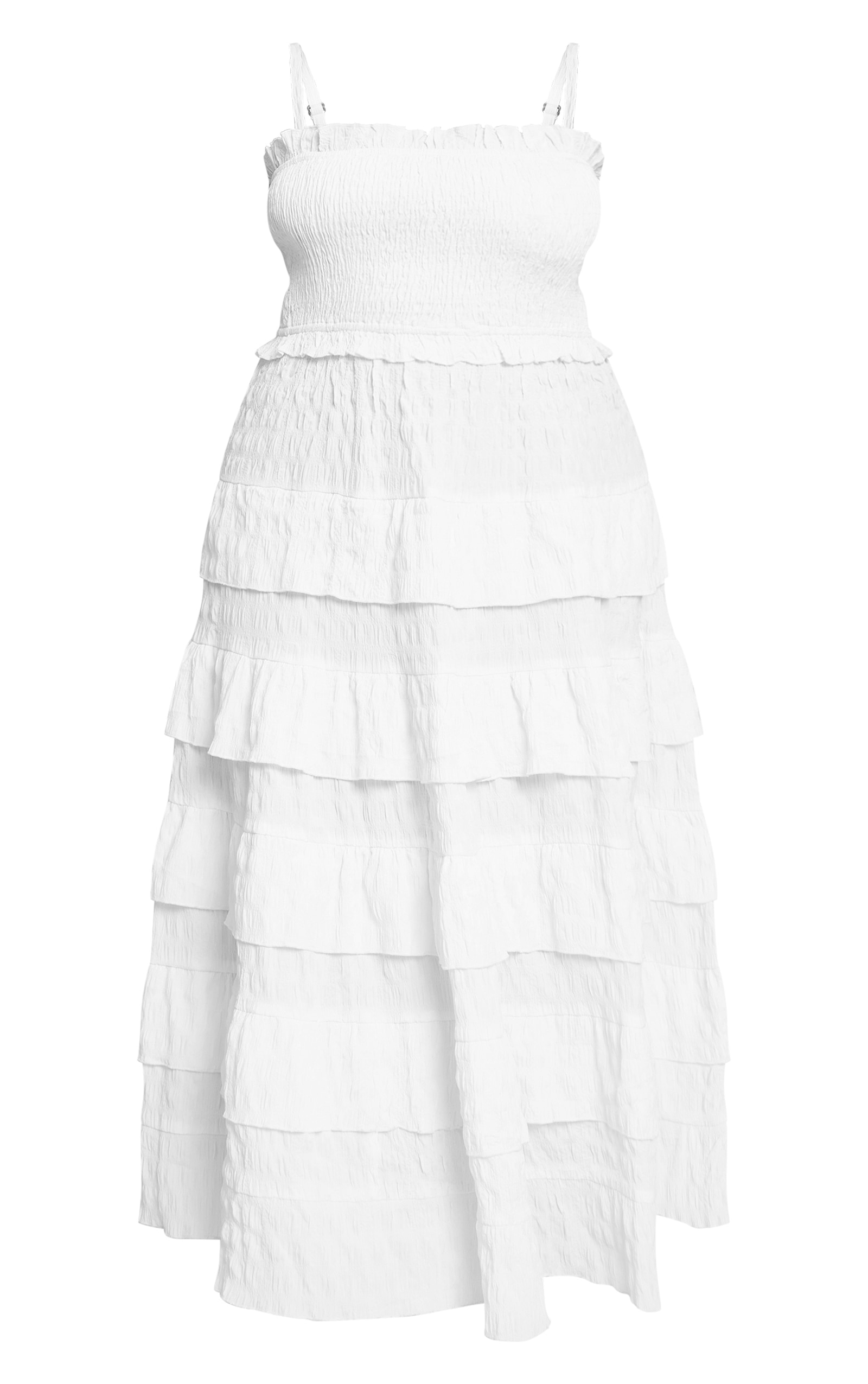 Plus White Textured Shirred Tiered Maxi Dress | Plus Size | PLT USA