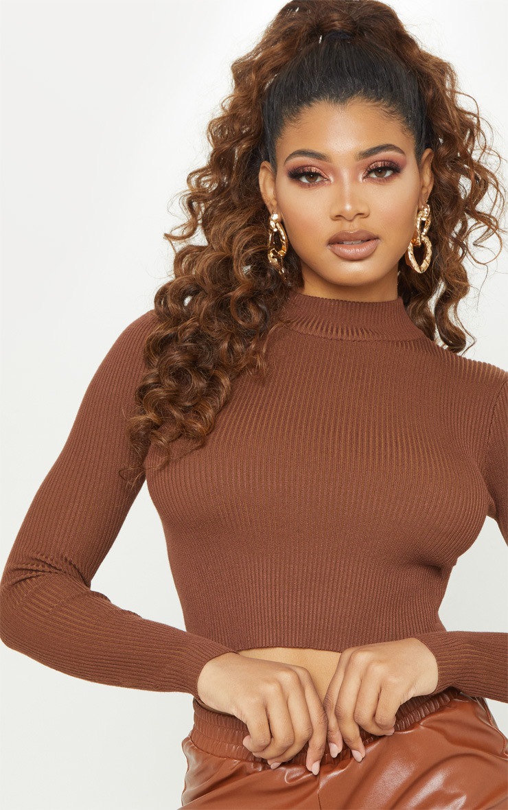 Tall Brown Crop Knit Top | Tall | PrettyLittleThing