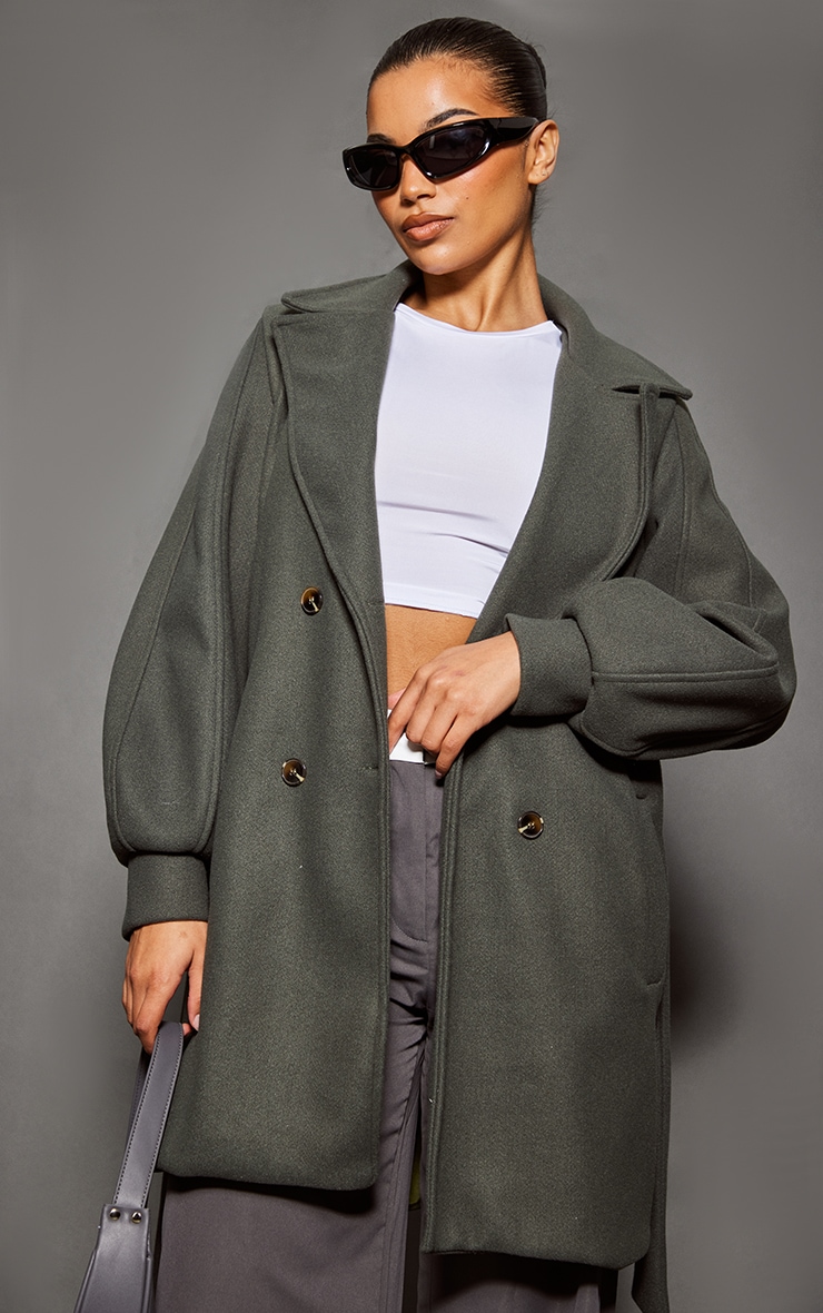 Military Khaki Balloon Sleeve Belted Wool Coat | PrettyLittleThing