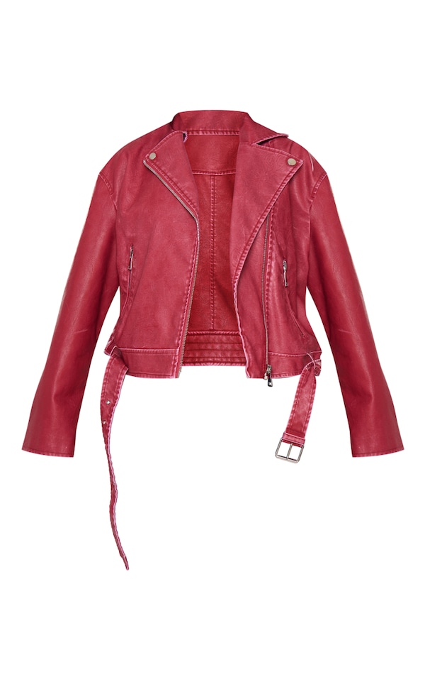Cherry Red Vintage PU Oversized Zip Biker Jacket | Outerwear ...